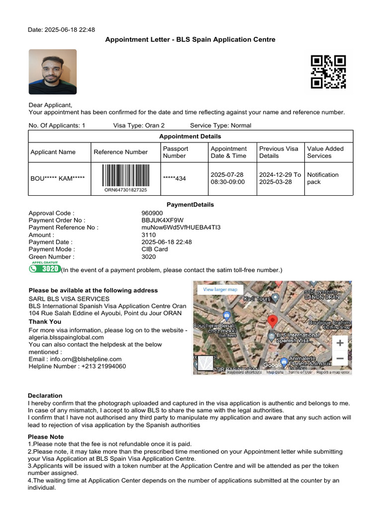 BLS Spain Visa Appointment Confirmation | PDF
