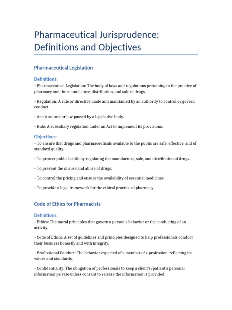 Pharma Legislation and Ethics Definitions Objectives | PDF