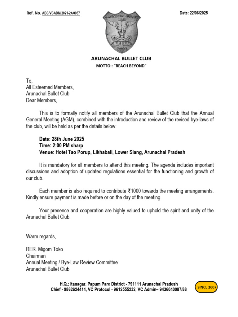 Arunac Arunachal Bullet Club: Ref. No | PDF