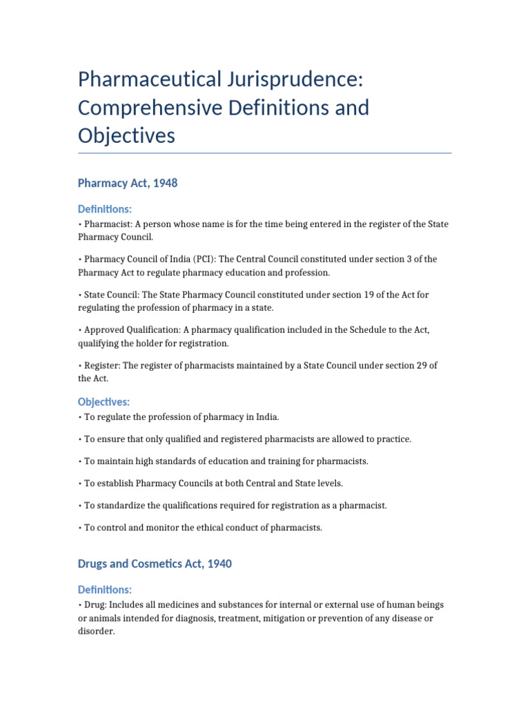 Comprehensive Pharma Laws Definitions Objectives | PDF | Pharmacy ...