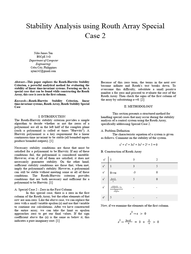 Ieee Routh Array Special Case 2 Tan Niño James A Pdf