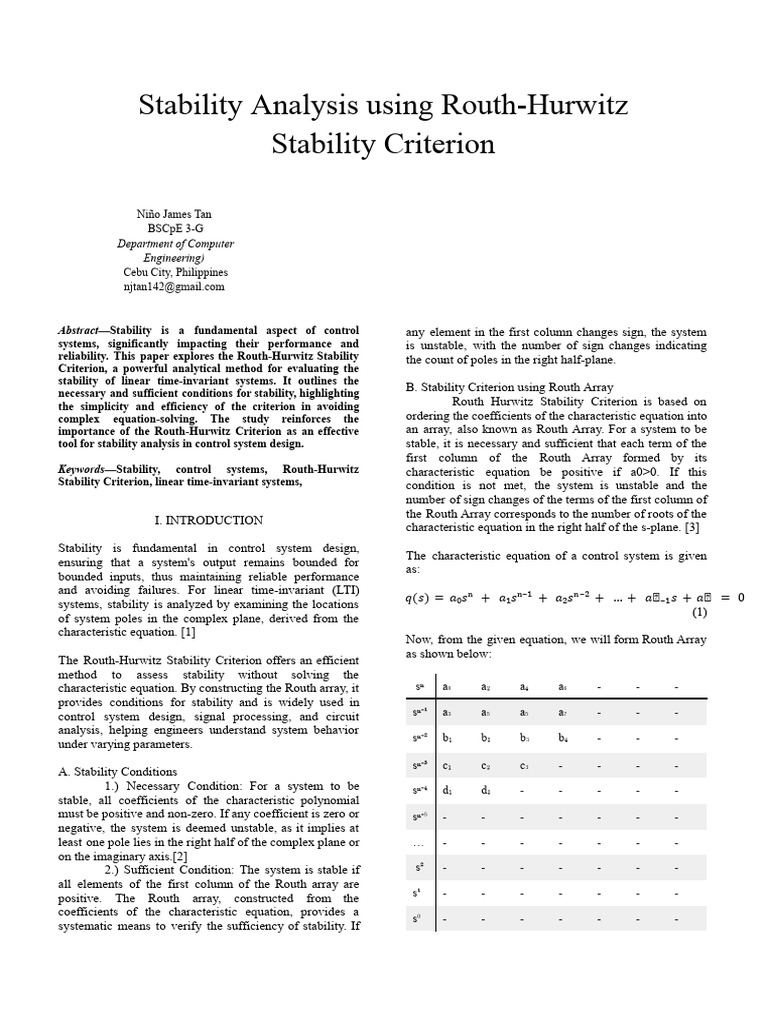 IEEE - Routh-Hurwitz Stability Criterion _ Tan, Niño James a. | PDF | Stability Theory ...