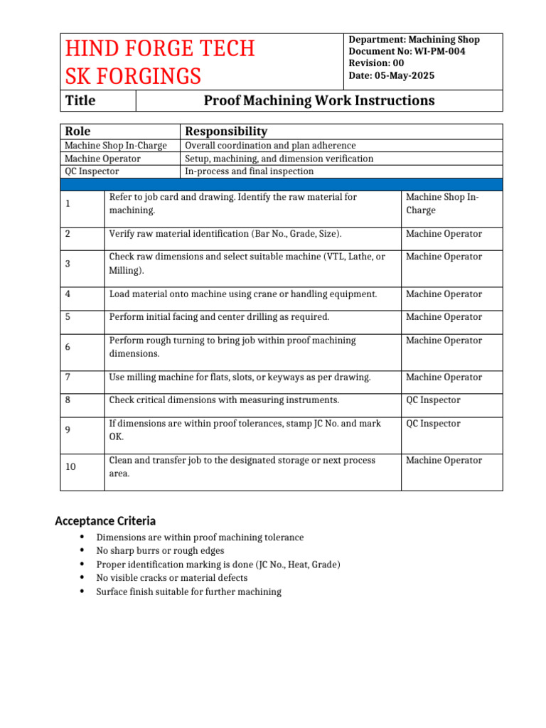 Proof Machining Work Instruction | PDF