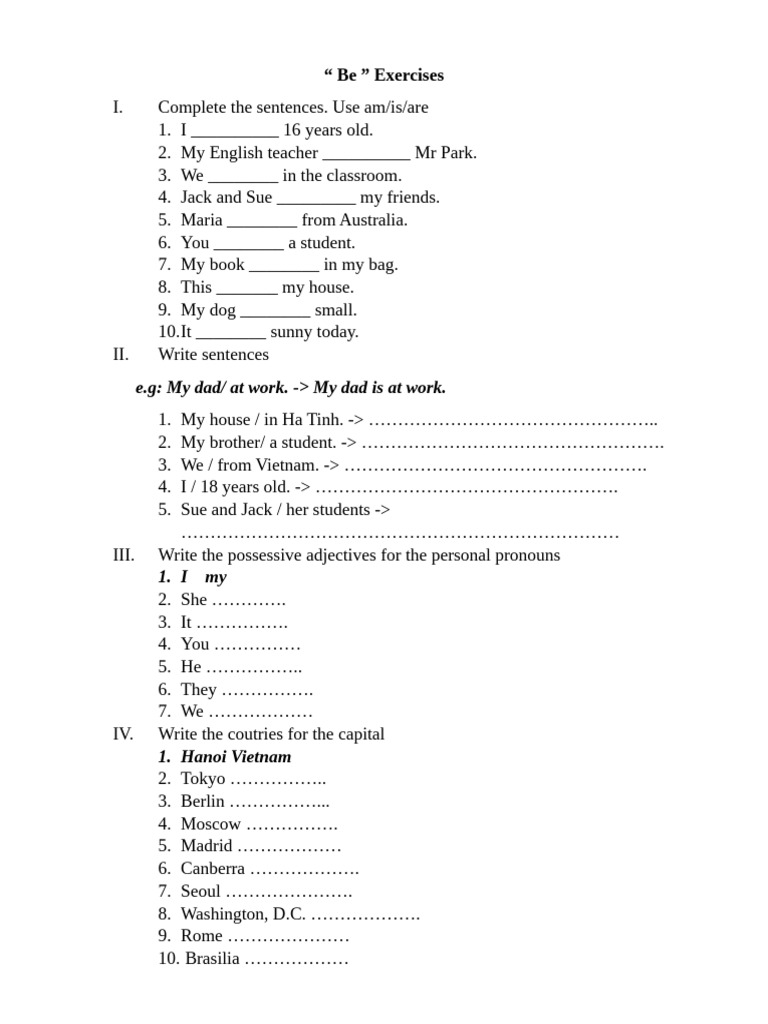 "Be Verb Exercises for Beginners" | PDF