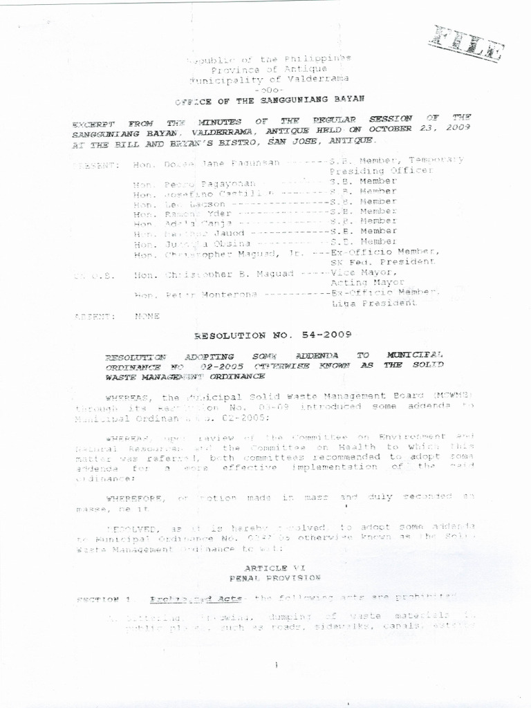 Municipal Ordinance 02-2005 Amended 2009 Solid Waste Management ...