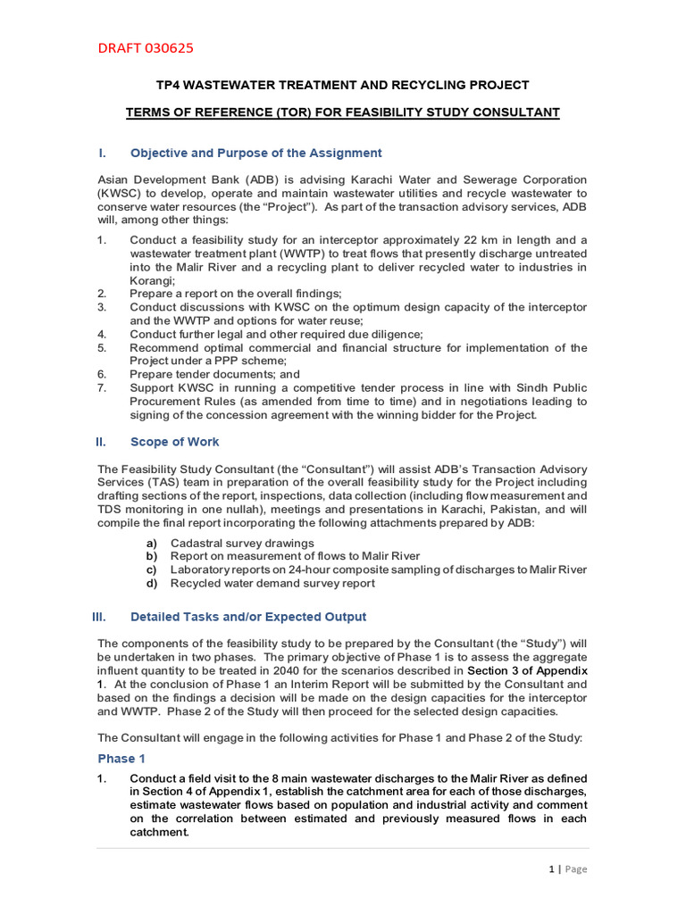 TP4 Feasibility Study TOR DRAFT 030625 | PDF | Sewage Treatment | Reclaimed Water
