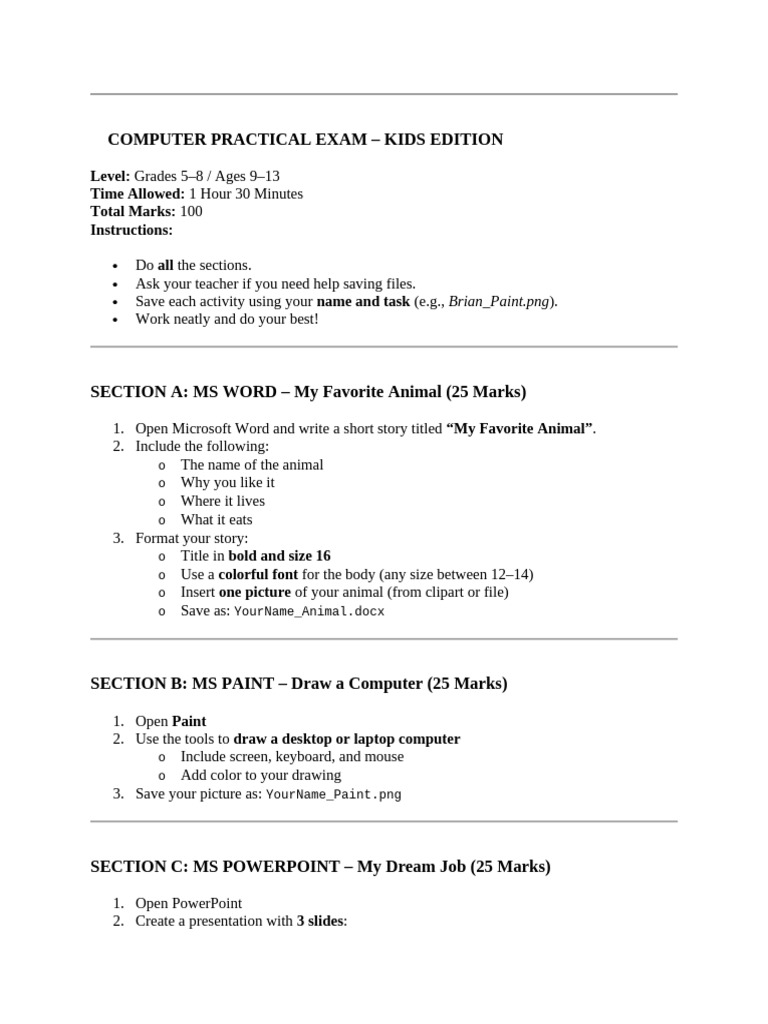 Computer Practical Exam Grades 5-8 Ages 9-13 | PDF