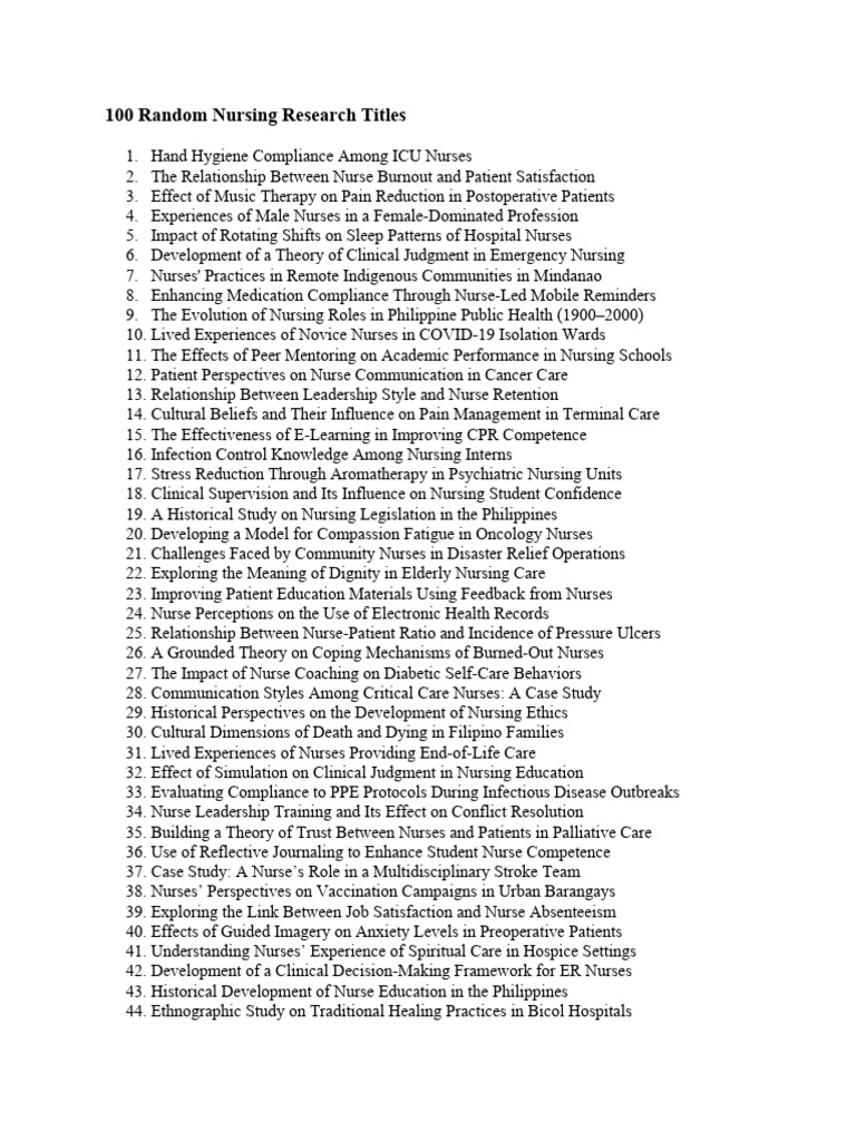 100 Random Nursing Research Titles | PDF | Nursing | End Of Life Care