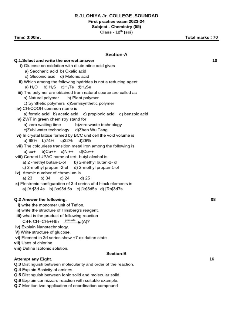 Chemistry Practice Paper 1 | PDF | Chemical Reactions | Acid