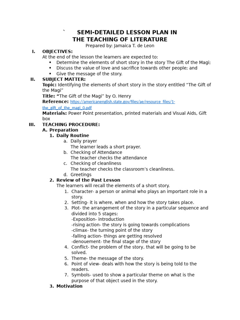LESSON PLAN 3 (JAM D.) The Gift of The Magi | PDF | O. Henry | Lesson Plan