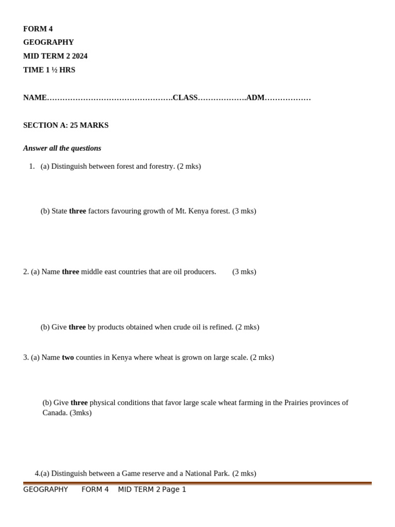 Geography f4 Qs Mid t2 Teacher - Co .Ke | PDF