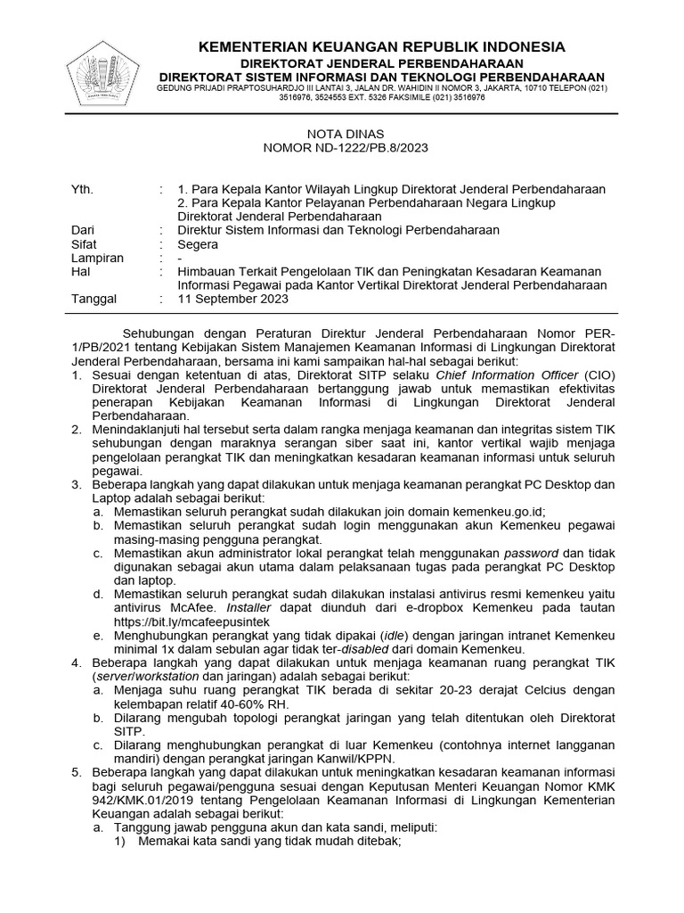 Himbauan Terkait Pengelolaan TIK Dan Peningkatan Kesadaran Keamanan Informasi Pada Kantor ...