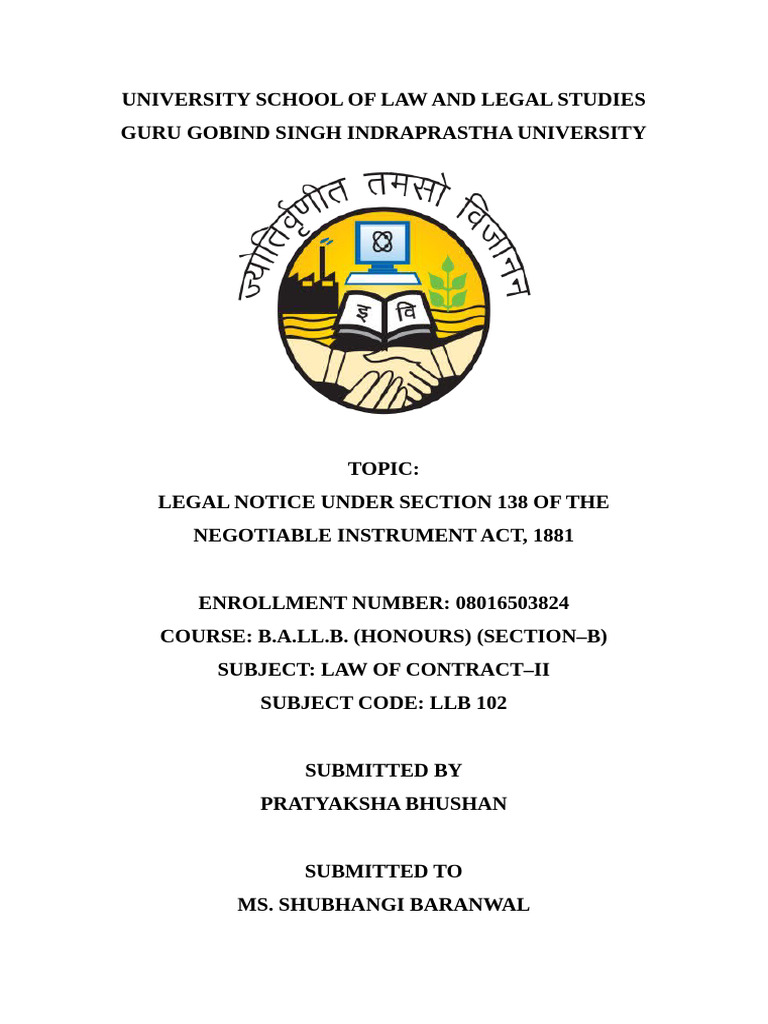 Legal Notice Under Section 138 of The Negotiable Instrument Act of 1881 ...