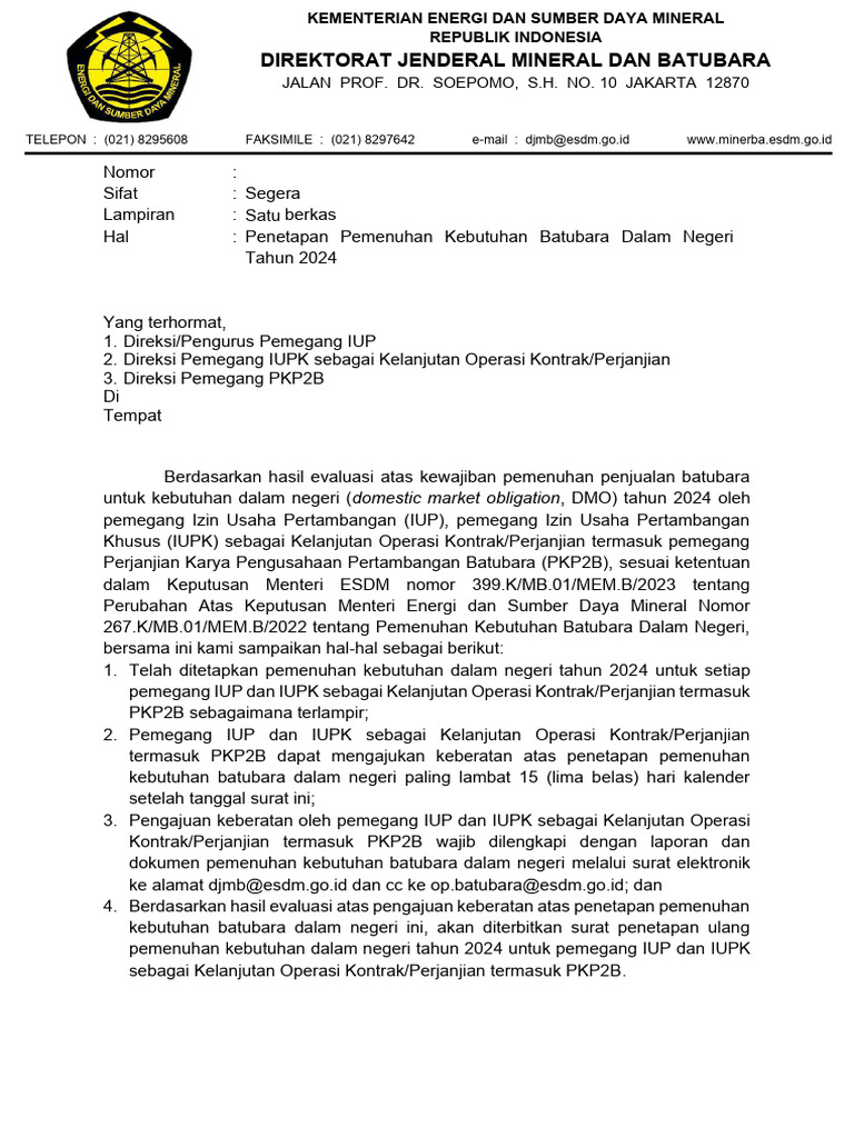 Surat Penetapan Realisasi DMO 2024 | PDF