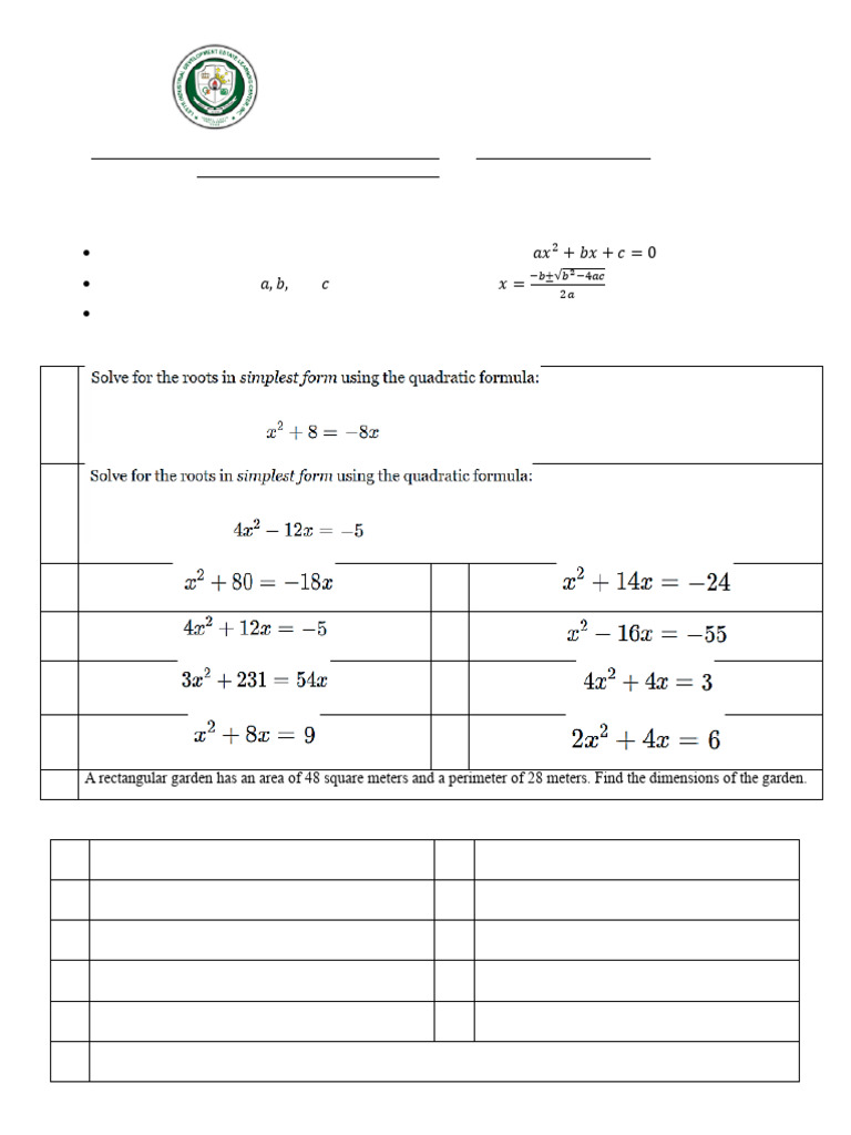 Summer Bridge Math: Quadratic Equations | PDF
