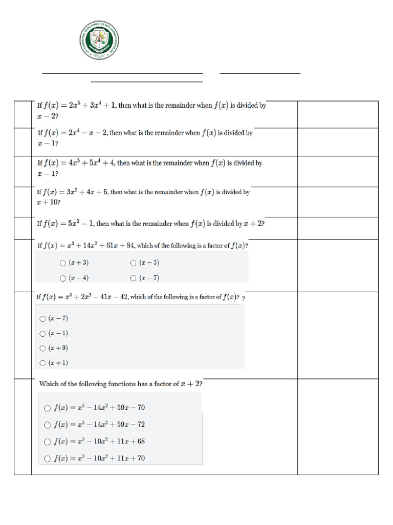 Problem Set 8 - Remainder and Factor Theorem | PDF