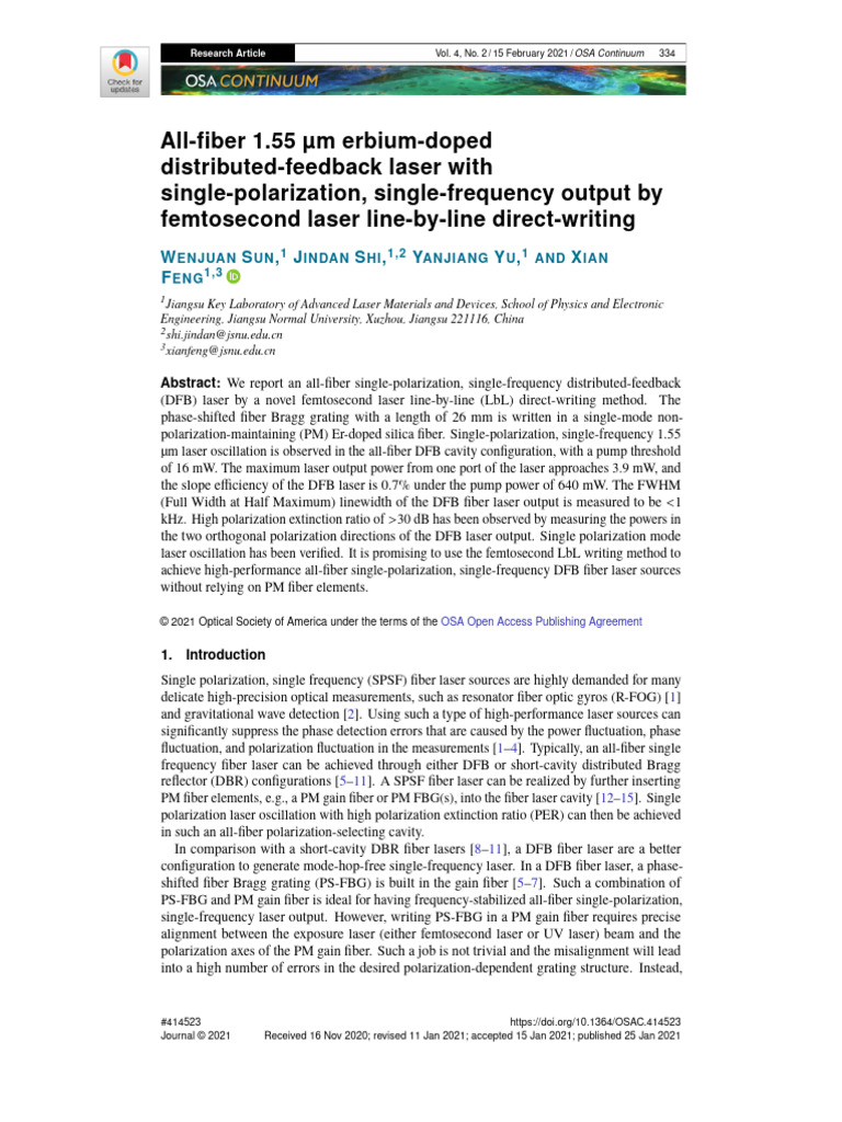 All-fiber 1.55 Μm Erbium-doped Distributed-feedback Laser With Single-polarization, Single ...