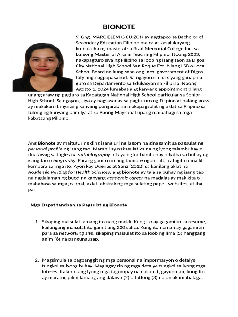Bionote Ni Margielem Cuizon | PDF