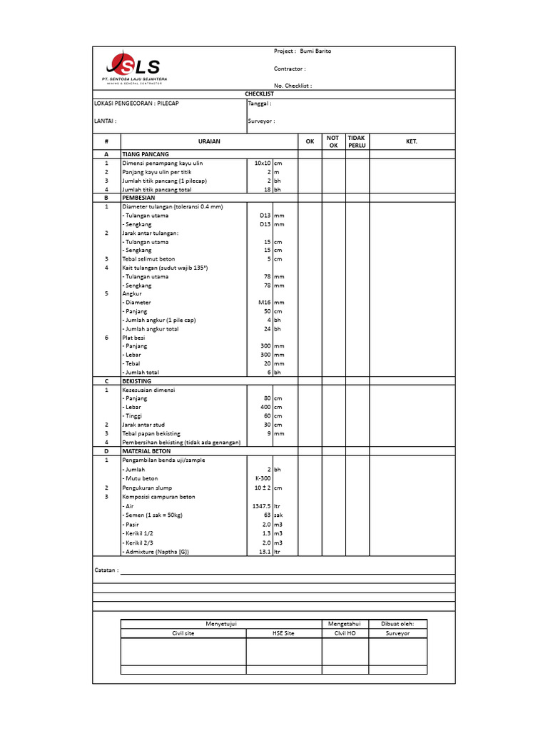 Checklist Pekerjaan Struktur - Jembatan Timbang Bumi Barito | PDF