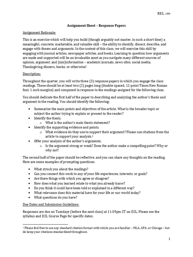 Response Paper Guidelines for REL 190 | PDF | Citation | Apa Style