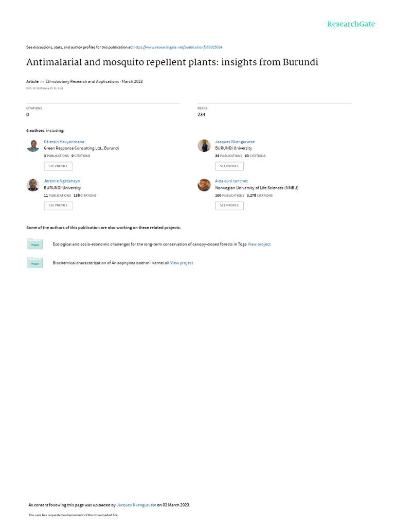 Antimalarial and Mosquito Repellent Plants Insights From Burundi | PDF