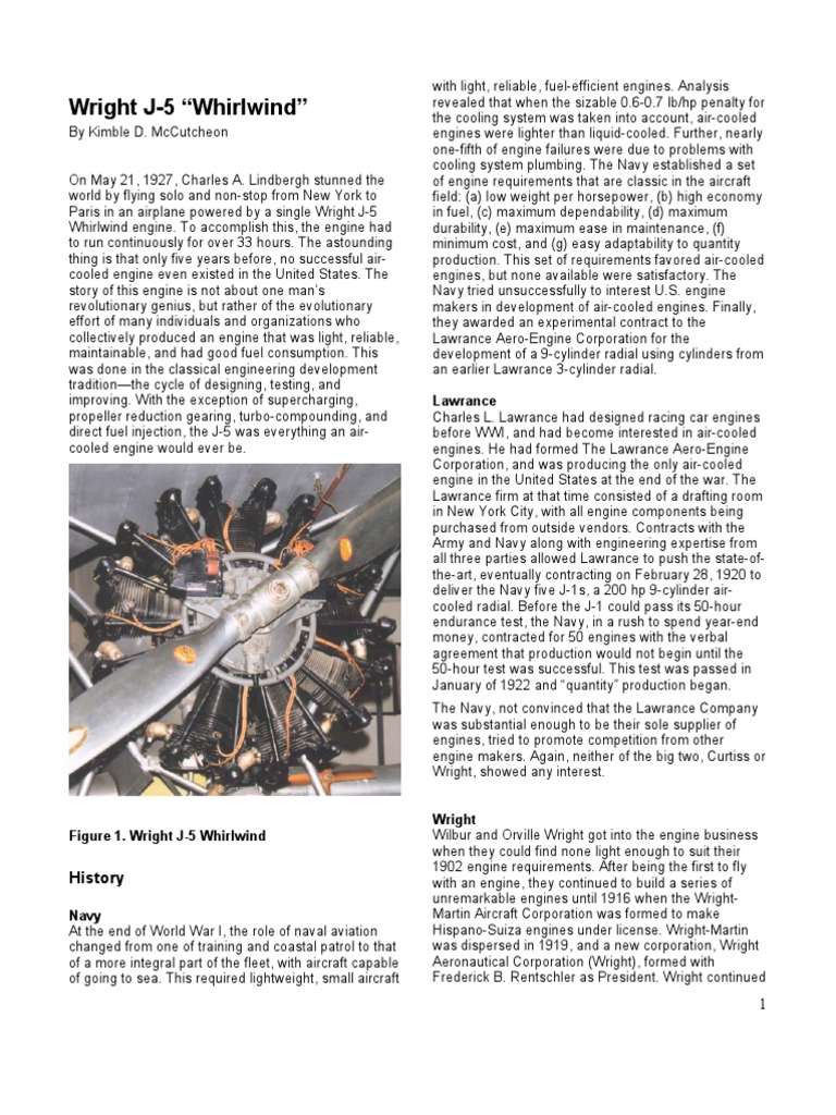 Wright J-5 Whirlwind Engine History | PDF