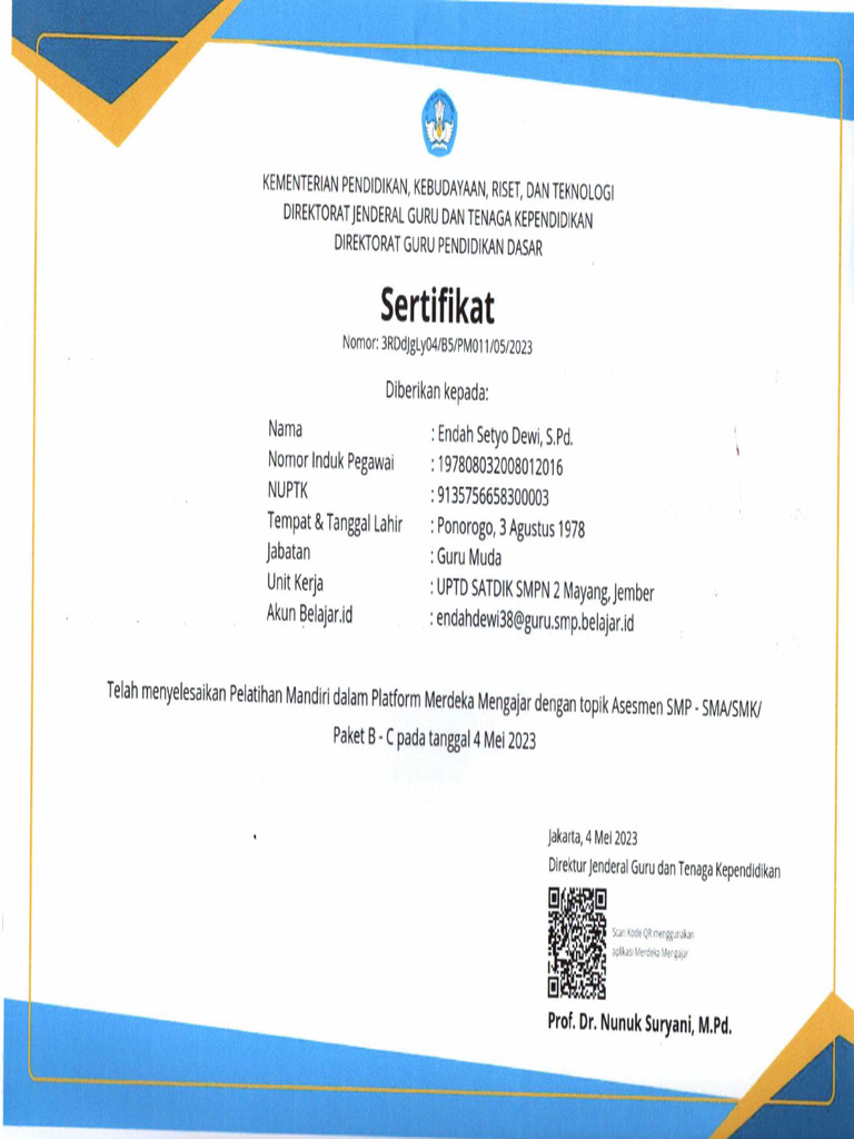 Serti Asesmen SMP PMM - Endah | PDF