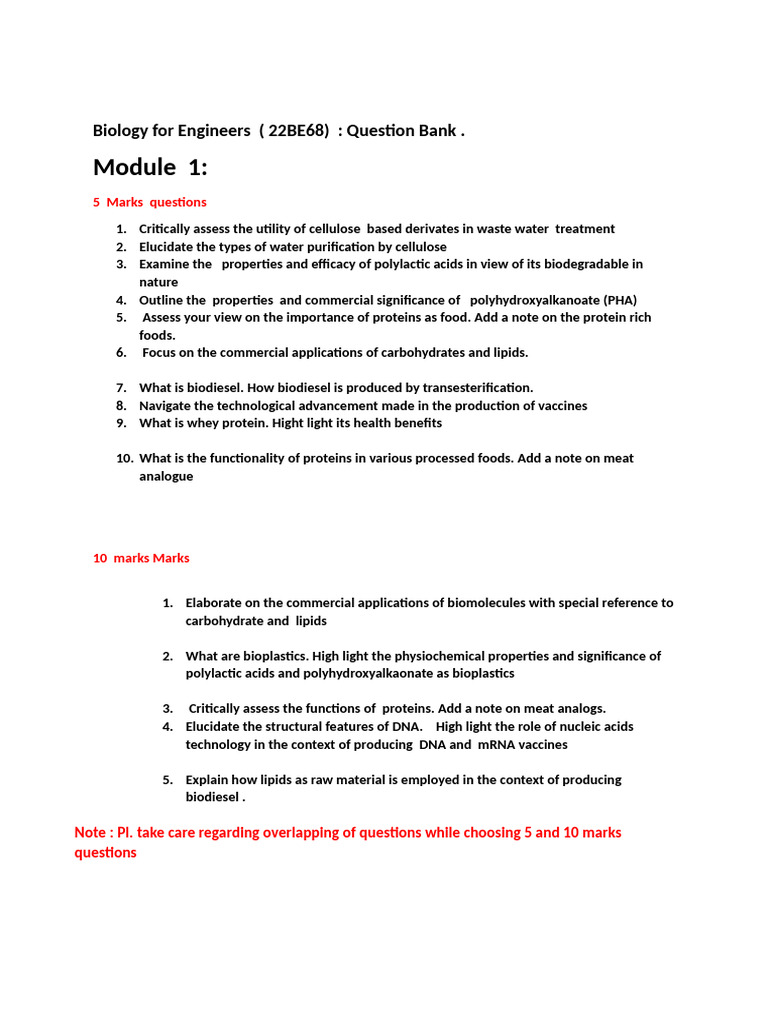 Question Bank Biology For Engineers 2025 | PDF | Heart | Lung