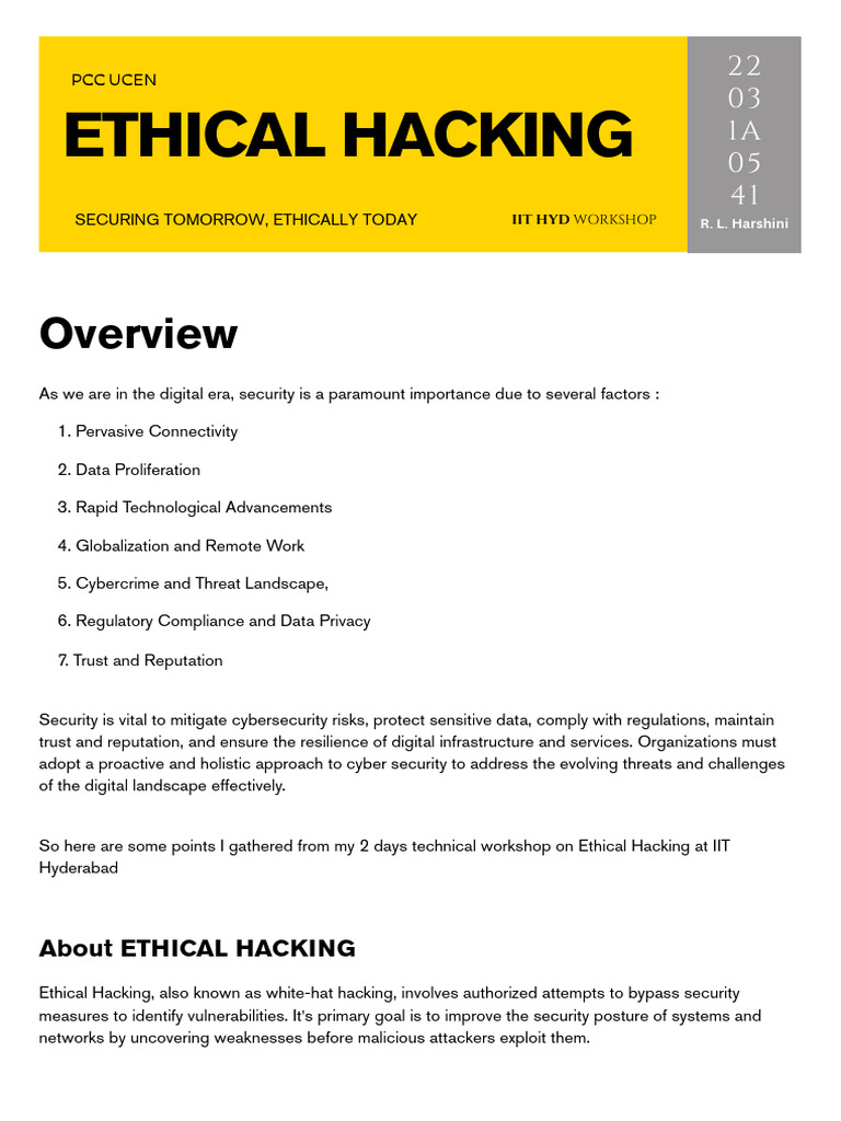 Ethical Hacking by #Harshini Garu | PDF | Security | Computer Security