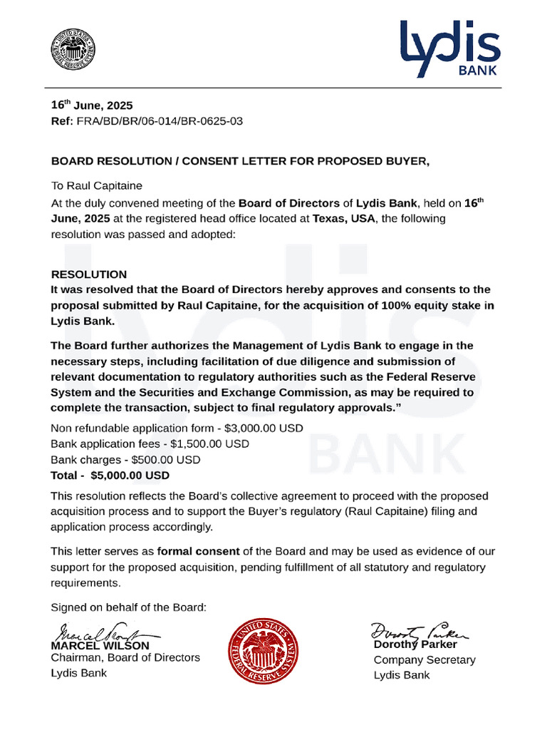 Board Resolution - Consent Letter For Proposed Buyer | PDF