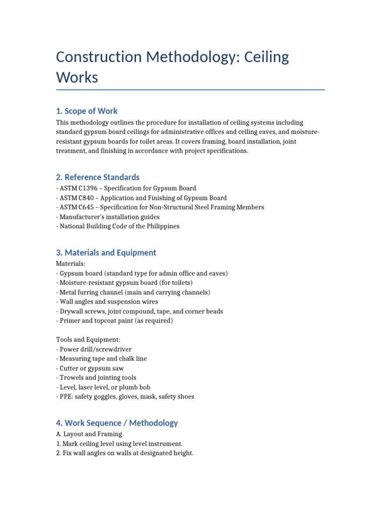Ceiling Works Methodology | PDF | Drywall | Building Engineering