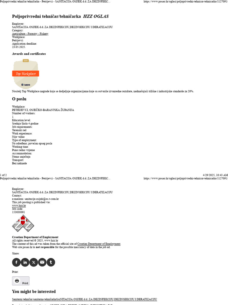 Poljoprivredni Tehni Ar/tehni Arka: HZZ Oglas | PDF