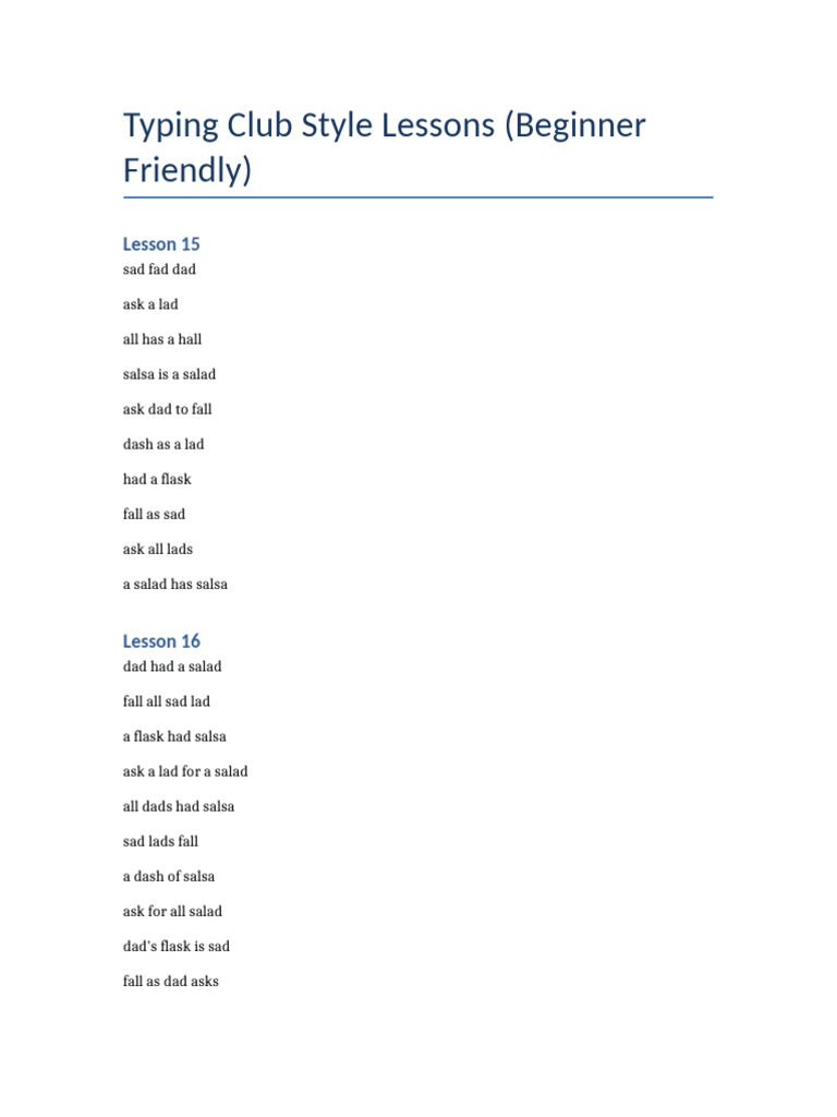 Typing Club Lessons: Beginner Exercises | PDF