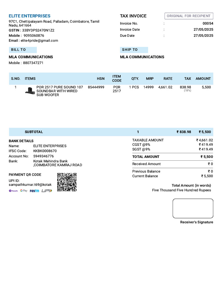 Mla Communications Sales Invoice 00054 | PDF | Government Finances | Taxes