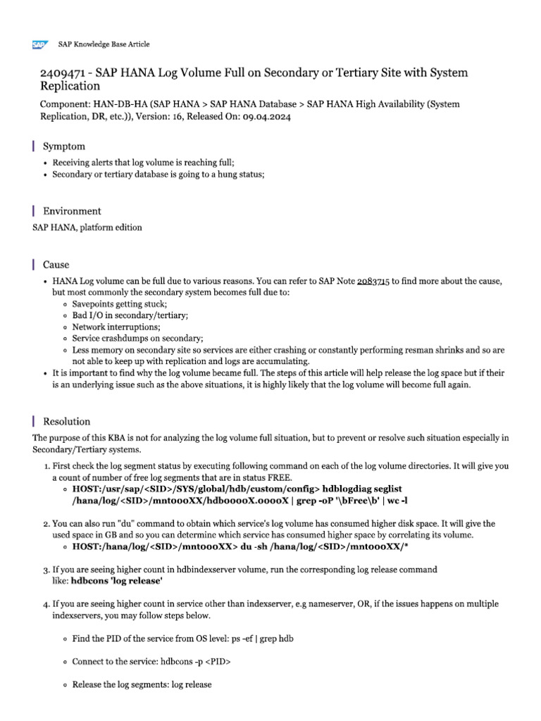 SAP HANA Log Volume Full | PDF