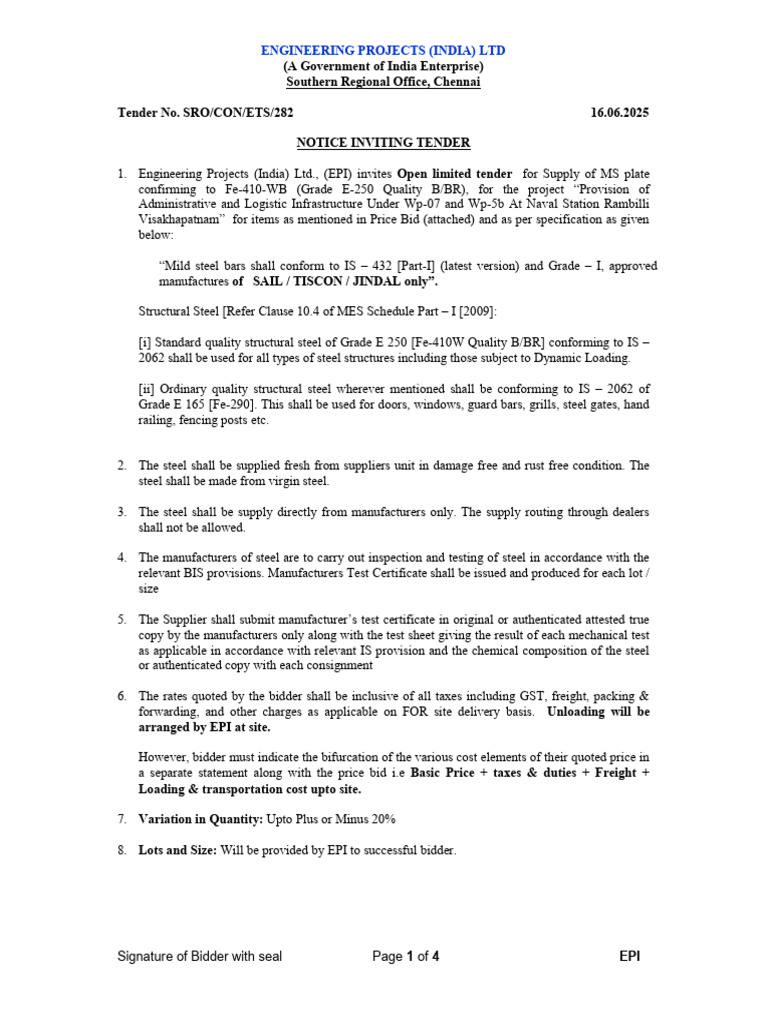 Engineering Projects (India) LTD: Signature of Bidder With Seal Page of | PDF | Receipt