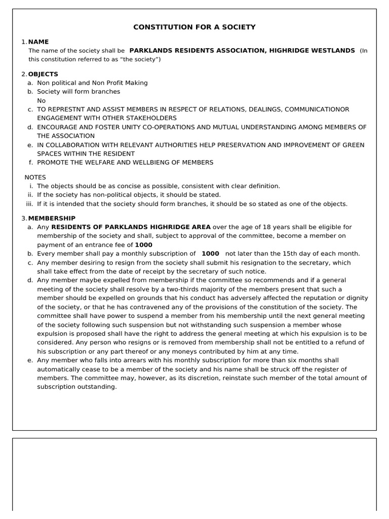 Parklands Residents Association Constitution | PDF | Constitutional ...