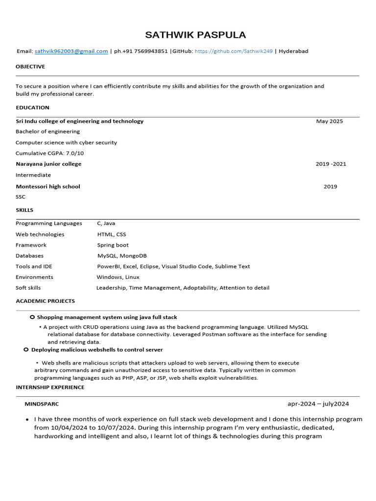 Sathwik Resume | PDF