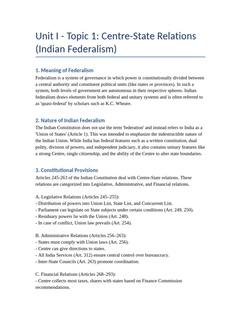 Centre-State Relations Indian Federalism Detailed | PDF | Federalism ...