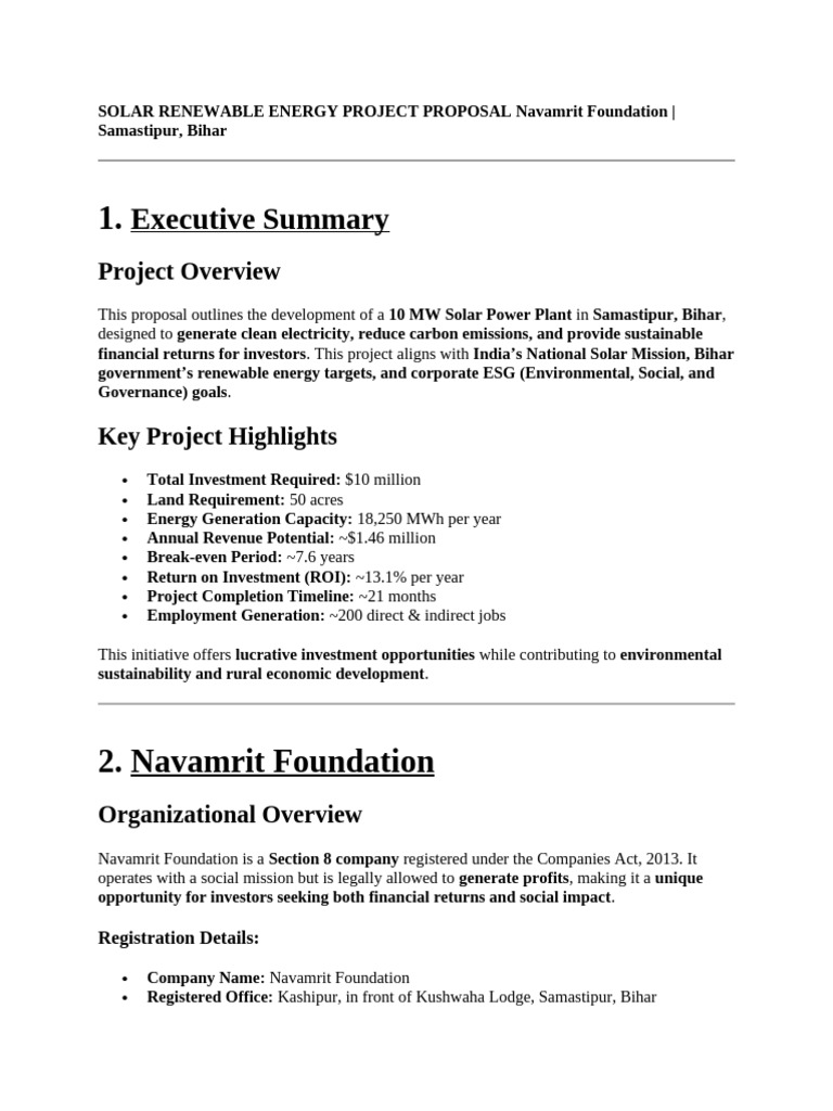 Solar Renewable Energy Project Proposal Navamrit Foundation | PDF ...