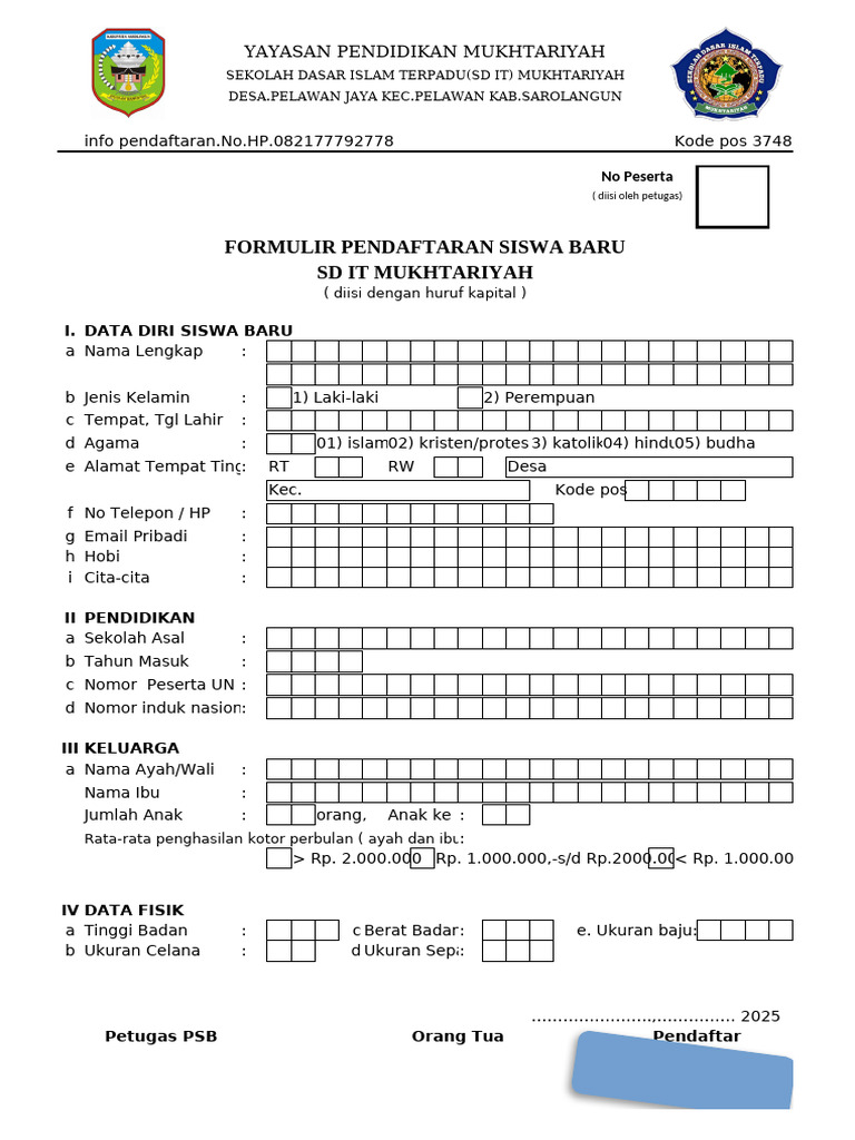 Formulir Siswa Baru SD IT 2023 | PDF