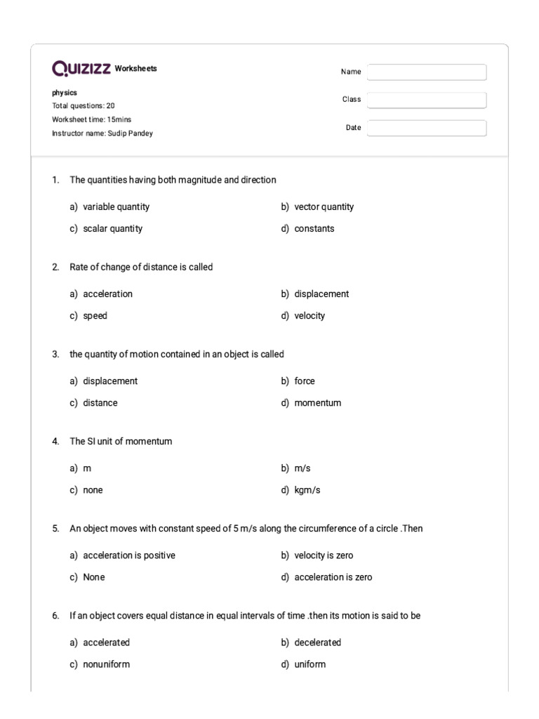 Physics Worksheet: Motion & Momentum Quiz | PDF | Force | Acceleration