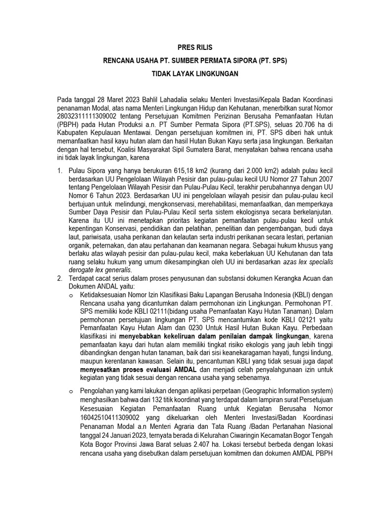 Rilis PBPH PT. SPS Tidak Layak Lingkungan | PDF