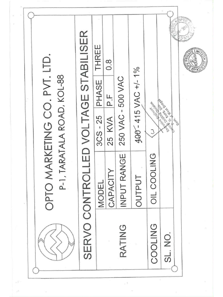 25 Kva Voltage Stabilizer Approved Drawing | PDF