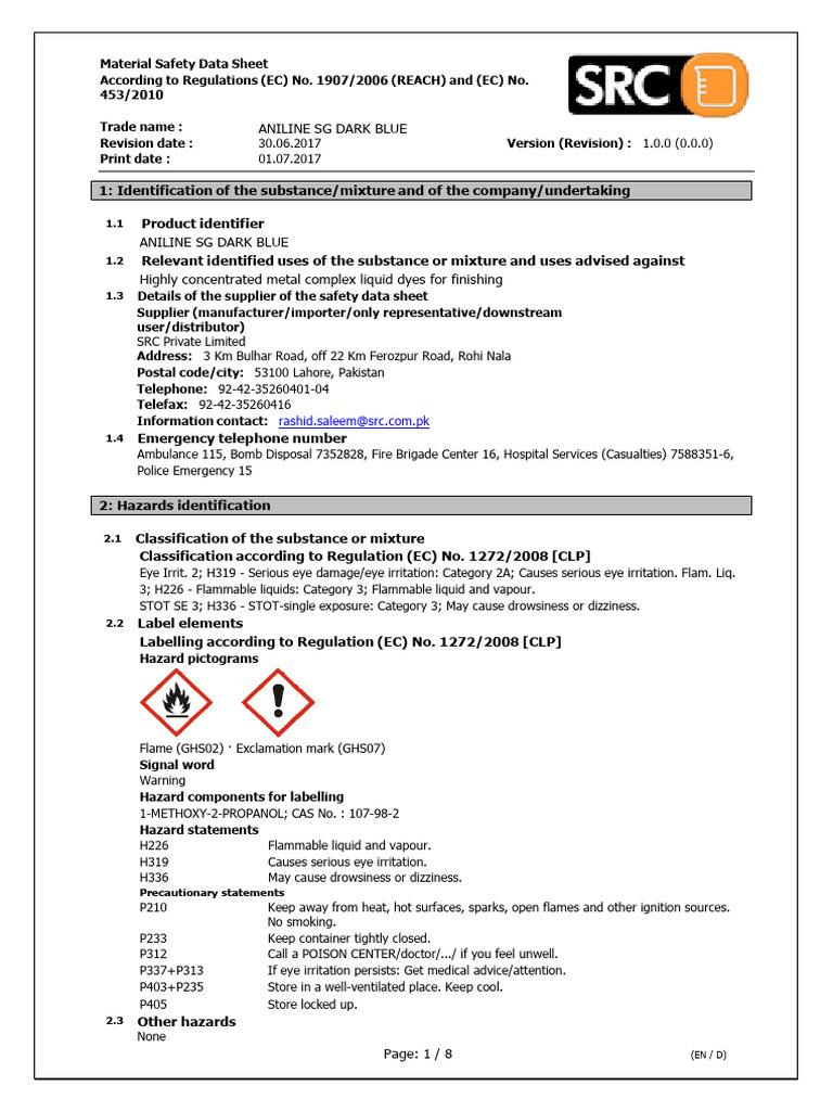 Aniline SG Dark Blue Msds | PDF | Waste Management | Pollution