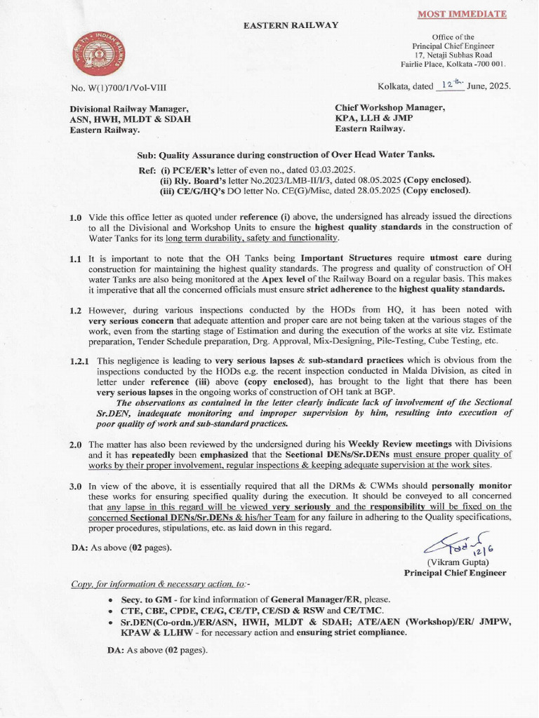 PCE's LTR To DRMs and CWMs (With DA) - Quality Assurance During Constrn. of OH Water Tanks - 12. ...