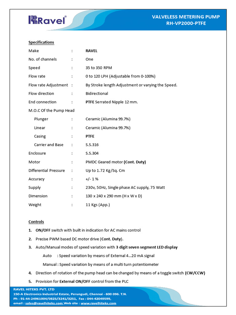 Ravel VP2000 Peristaltic Pump Manual | PDF