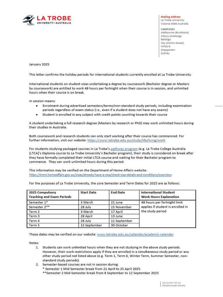 La Trobe University 2025 Holiday Schedule | PDF | Educational Stages ...