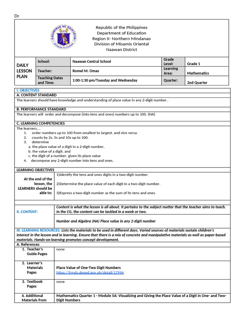 Place Value of 2-Digit Lesson Plan | PDF | Teachers | Learning