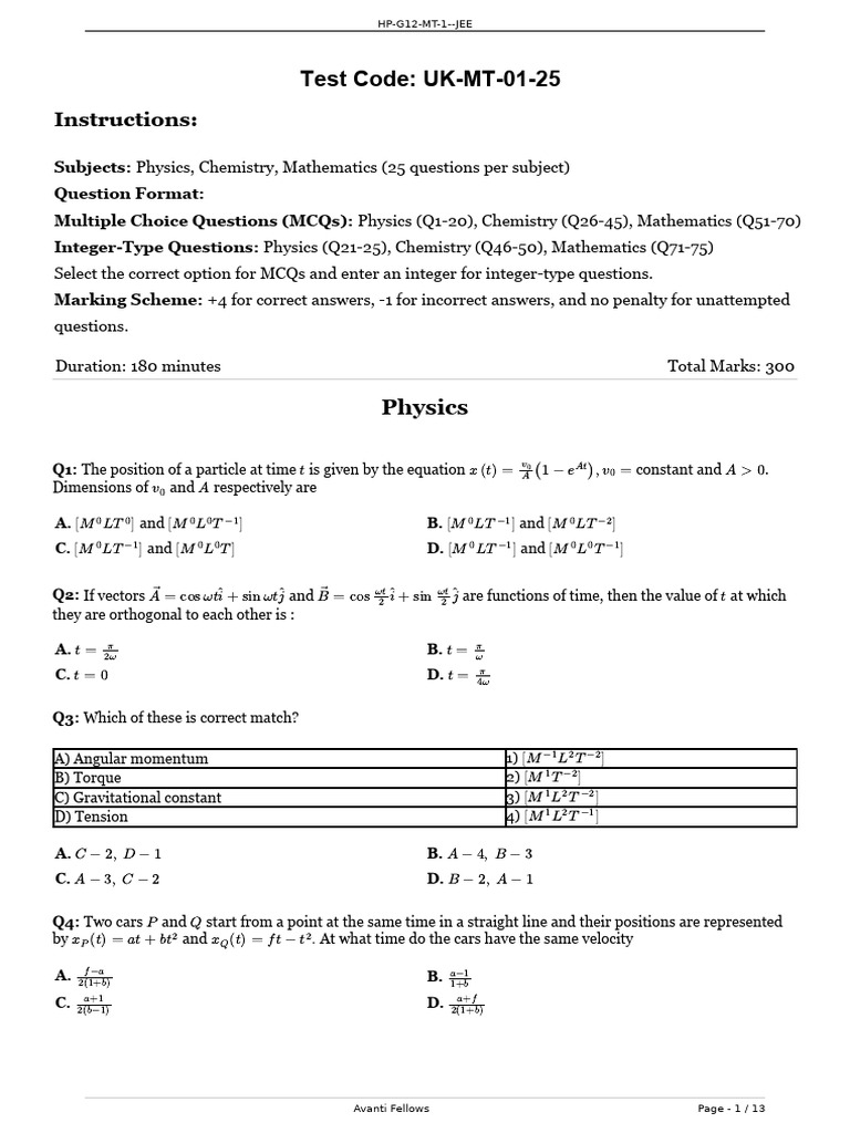 JEE Physics MCQs and Integer Questions | PDF | Multiple Choice ...